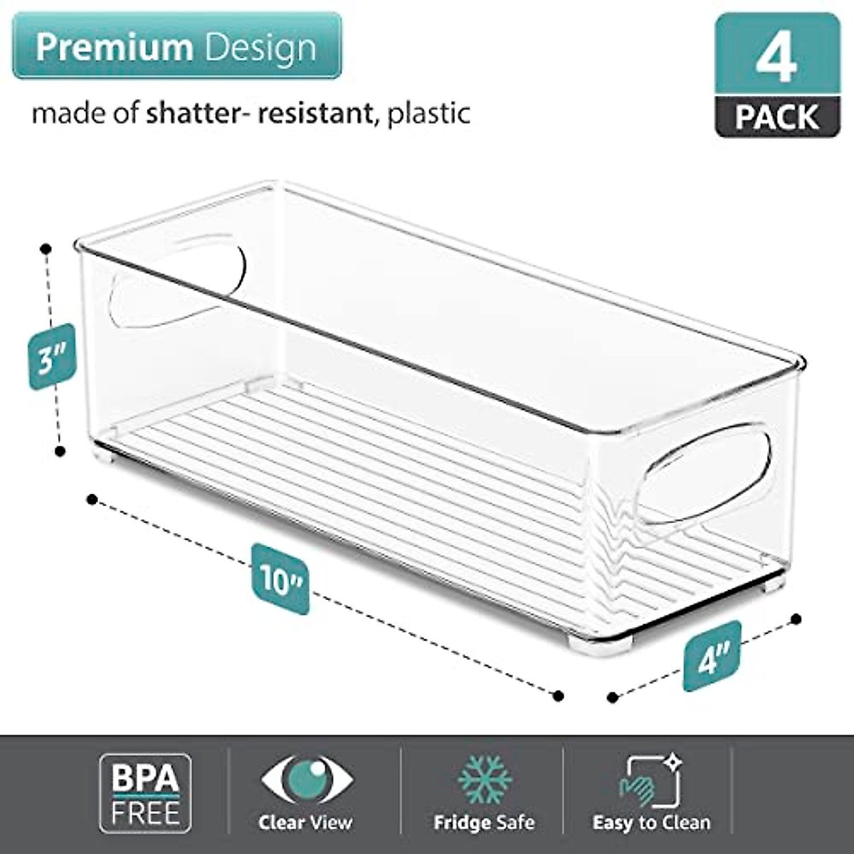 Sorbus Stackable Refrigerator Organizer Bins - Clear Storage Bins for Kitchen Pantry, Freezer & Fridge Organization - Food Organizing Plastic Containers with Handles for Countertops & Drawers (4 Pack)
