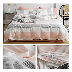HighBuy Stripe Duvet Cover Queen Bedding Sets Kids Comforter Duvet Cover Grey White Pink Cotton Bedding Sets Queen Comforter Cover with Zipper Kids Duvet Cover Set for Boys Teens