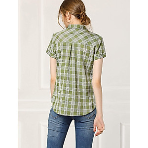 Allegra K Women's Cotton Classic Button Down Western Plaid Shirt Small Light Green