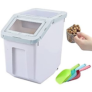 YXQ Dog Food Storage Container Airtight Box Cyan,10kg Bulk Dry Food Grain Storage Barrels Sealed Bucket,Pets Food Bin with Seal Locking Lid, Wheels,Measuring Cup,1pcs Scoops(Random Color)