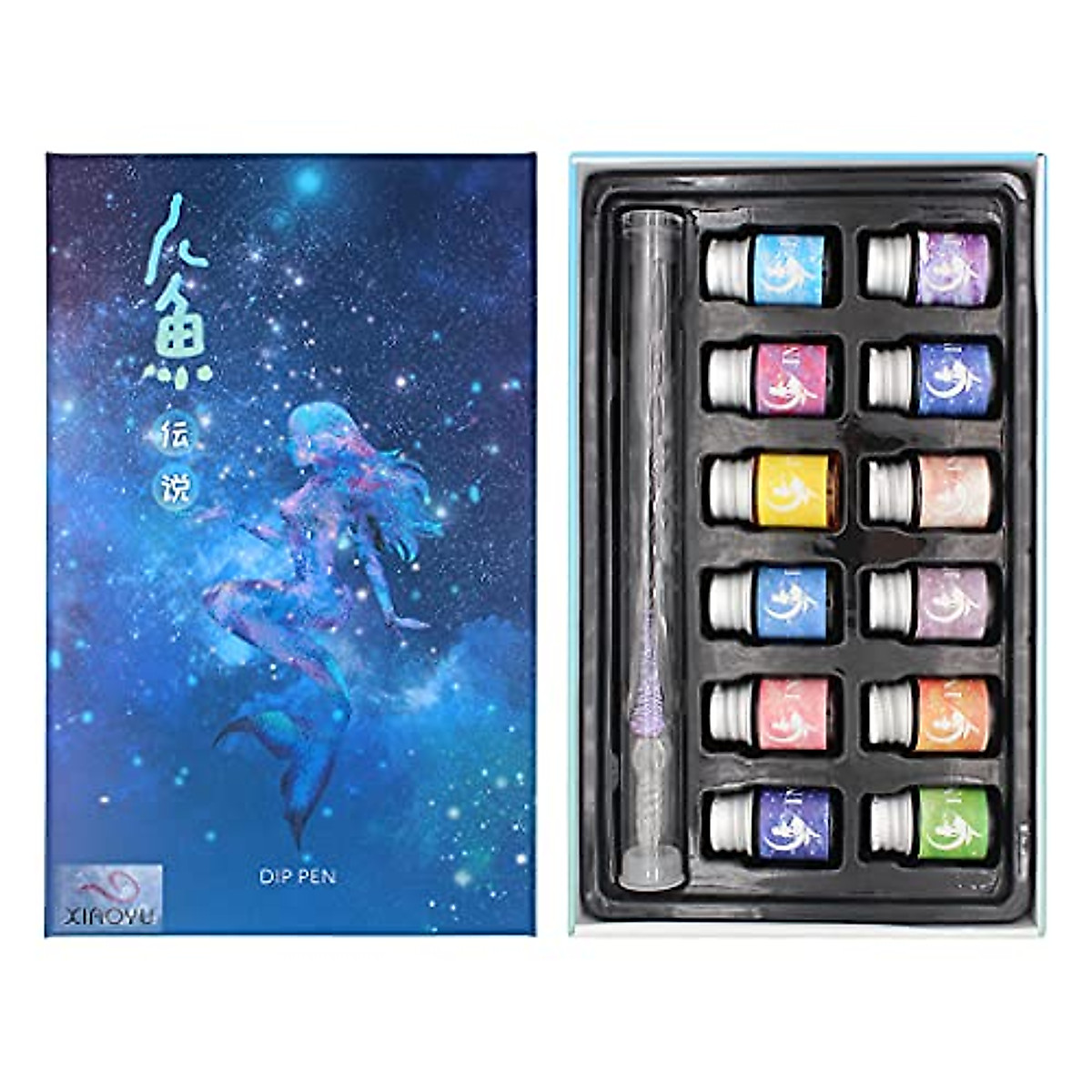 XIAOYU Mermaid Story Glass Pen, Mermaid Story Glass Dip Pen Ink Set, Mermaid Story Calligraphy Dip Pens, Starry Sky Crystal Calligraphy Pen and Ink Set with 12 Colorful Inks, Purple
