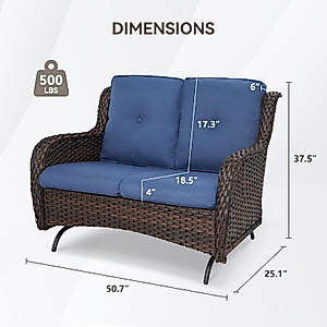 Bellefurn Patio Loveseat Wicker Loveseat Rattan Glider Sofa with Curved Armrest Thicking Back & Seat Cushions for Garden Balcony Backyard Brown Wicker|Blue Cushions (A) Patio Loveseat Glider