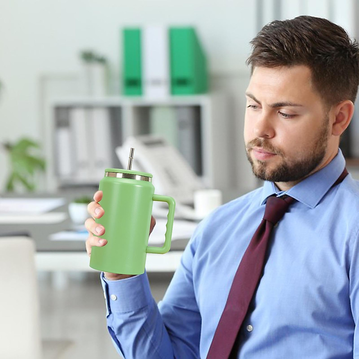 Insulated Water Mug, 50 Oz reusable tumbler, Mug with Straw Handle for High Capacity Drinks, Stainless Steel Coffee Cup with Lid Used for Cold and Hot Beverages Offices Home Travelling and Hotel