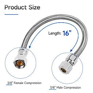 JUWO 16" Faucet Supply Line Extension, 3/8" x 3/8" Comp Stainless Steel Faucet Extension Hose Connector, For Large Sink or Longer Distance Extention