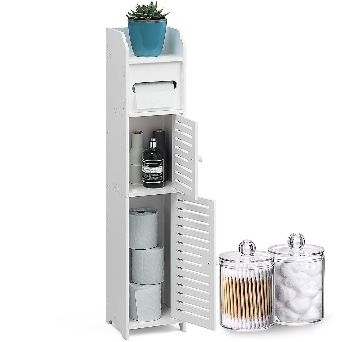 StorageBud Bathroom Storage Organizer - Floor Standing with Shelves - Includes 2 Apothecary Jars - Tall Bathroom Storage Cabinet for Toilet Paper, Towel & Other Bathroom Storage Accessories - White