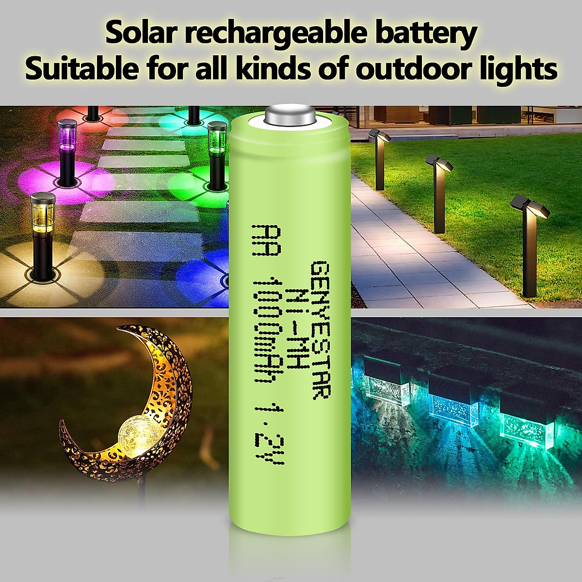 GENYESTAR Solar Lights AA Rechargeable Batteries 1000mah High Capacity 1.2V Ni-MH AA Battery for Outdoor Lights, String Lights, TV Remotes, Wireless Mouses, Flashlight, 8 Pack