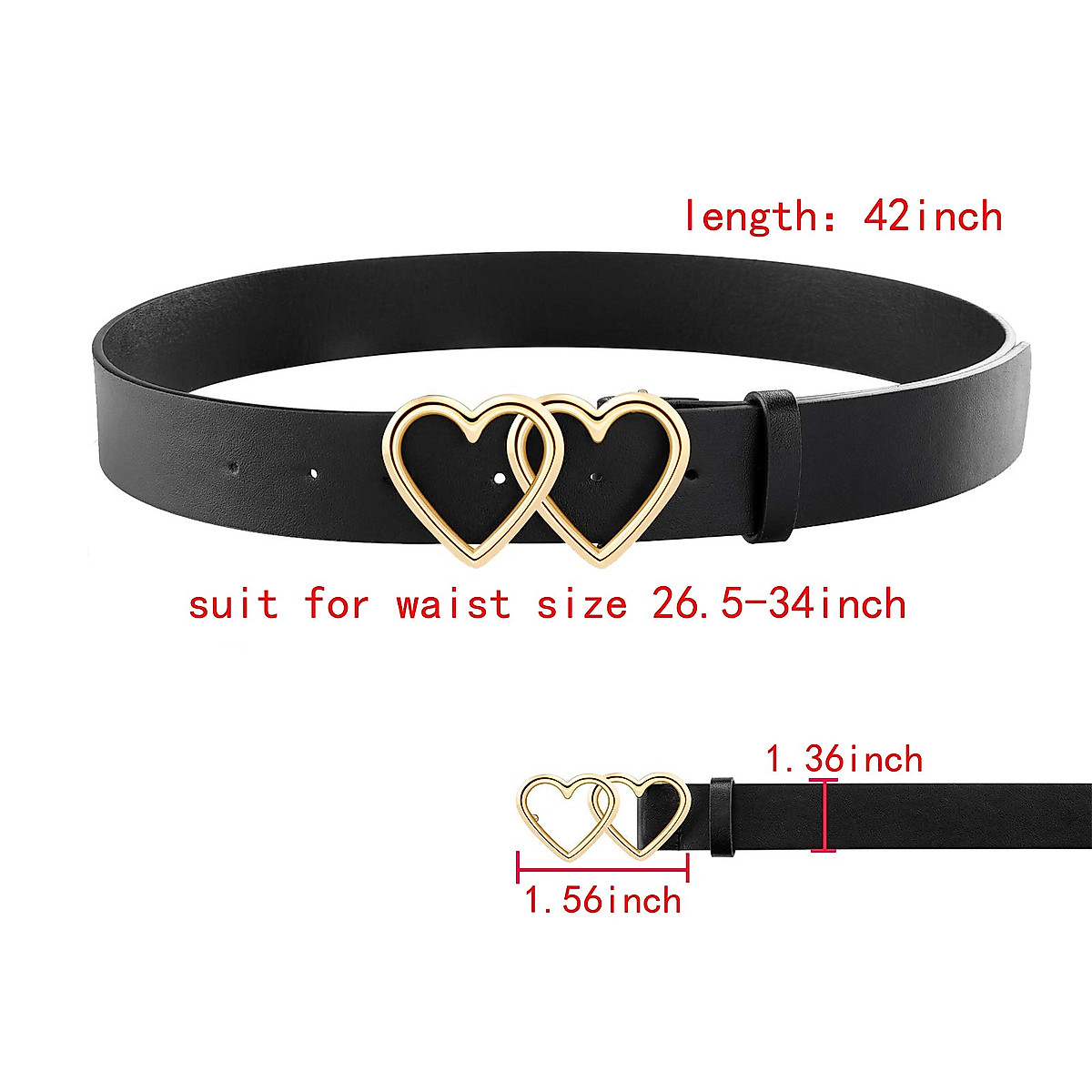 Ayliss Women Leather Waist Belt Fashion Casual Jeans Belt with Double Heart Shape Buckle Dress Pants (Black and White)