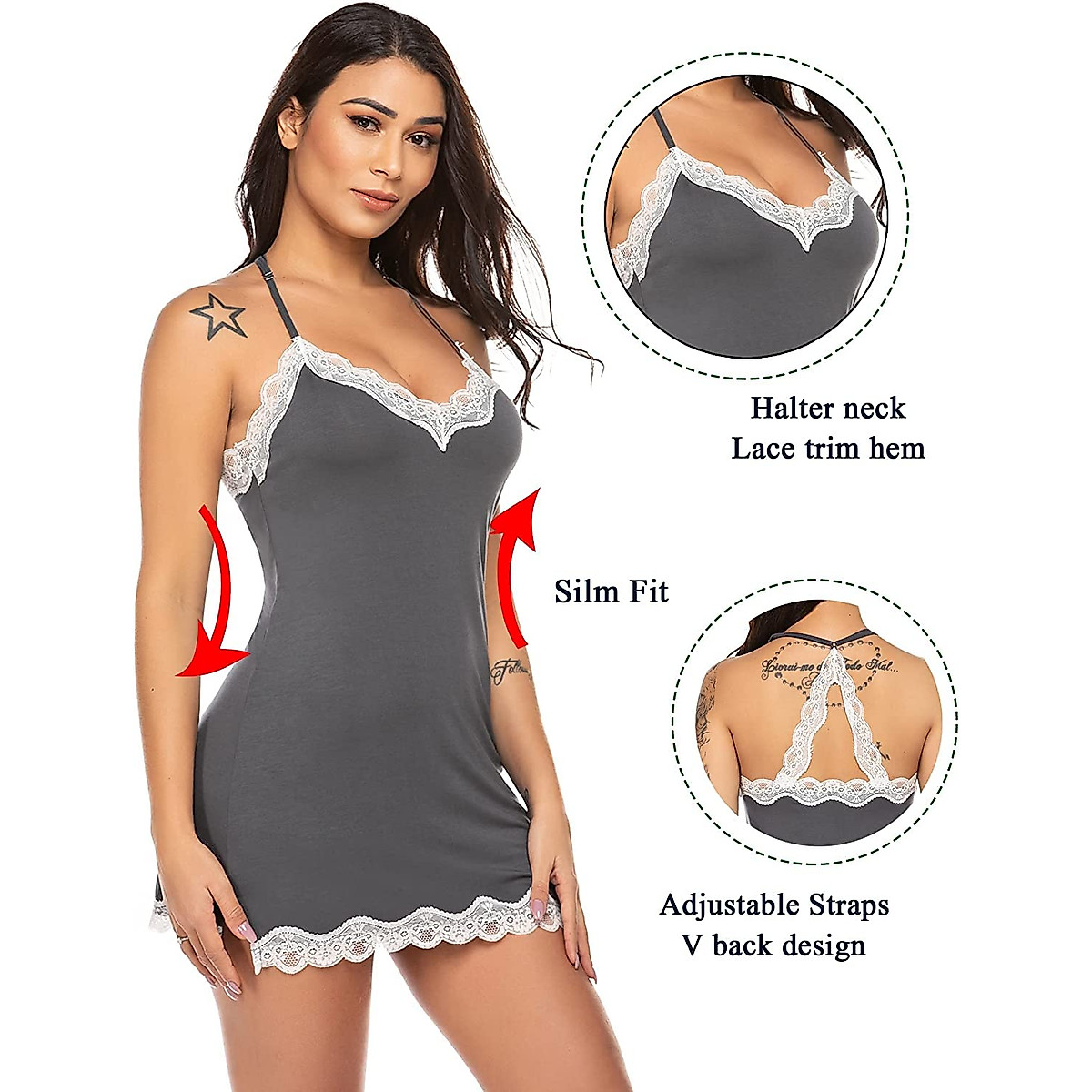 Avidlove Slip Lingerie Sexy Chemise Nightgown Babydoll Soft Sleepwear(Grey,L)