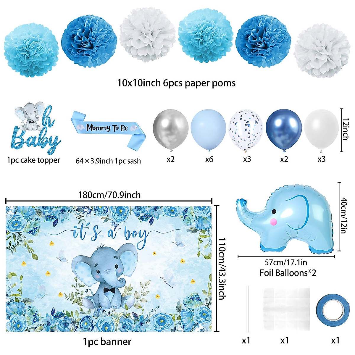 Vlipoeasn Elephant Baby Shower Decorations for Boy, Blue 42PCS Baby Shower Supplies, Mommy to Be Sash, It's a Boy Backdrop, Cake Topper, Cute Honeycomb, Hanging Swirl Flag, Baby Boy Shower Decor