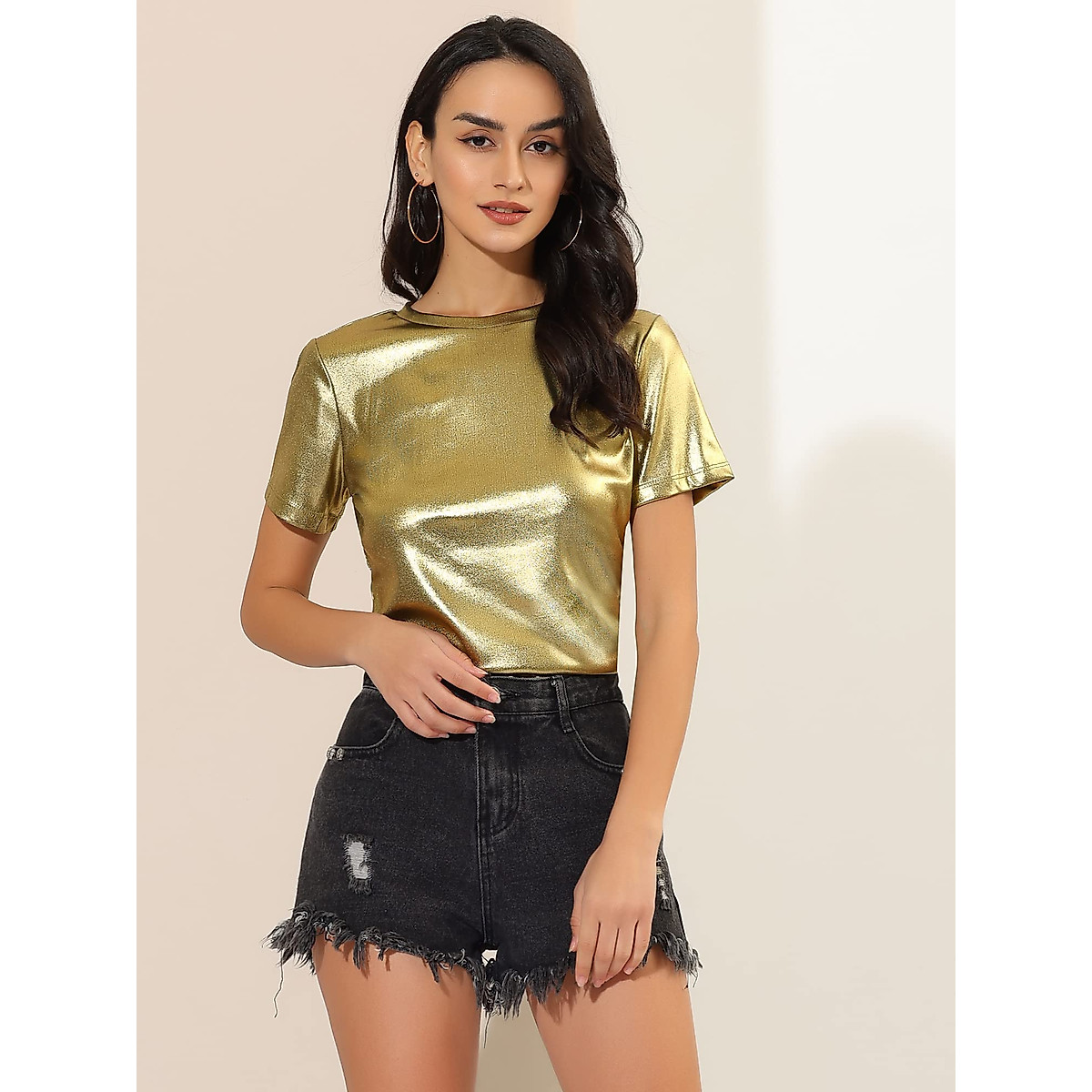Allegra K Women's Party Metallic Textured Short Sleeve Shiny Multicolor Top Medium Gold