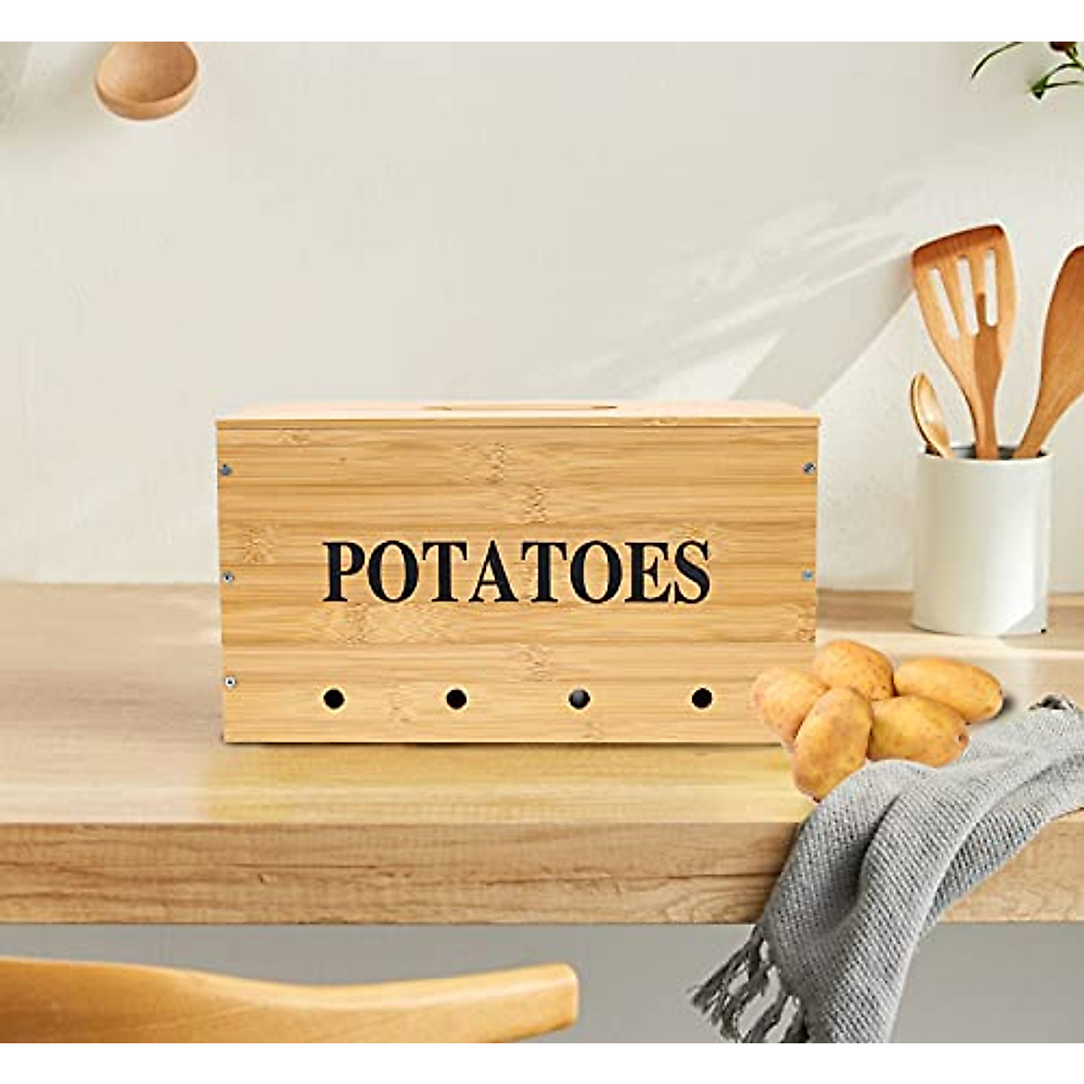 Gdfjiy Potatoes Wooden Storage Bin, Kitchen Storage Box,Kitchen Pantry Organizer With Airtight Lid,Vegetable Fresh Keeper with Aerating Storage Holes(Need self-assemble)