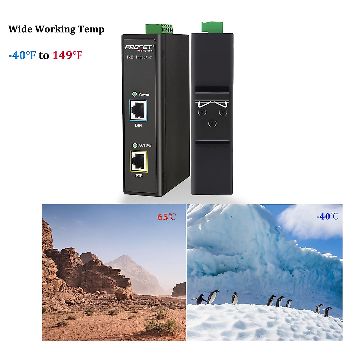 PROCET DIN Rail PoE Injector 30W Industrial IEEE802.3at/ PoE+ Power Injector, 6KV Surge Protection, Wide Working Temperature -40℉ to 149℉, PT-PSE105G-E