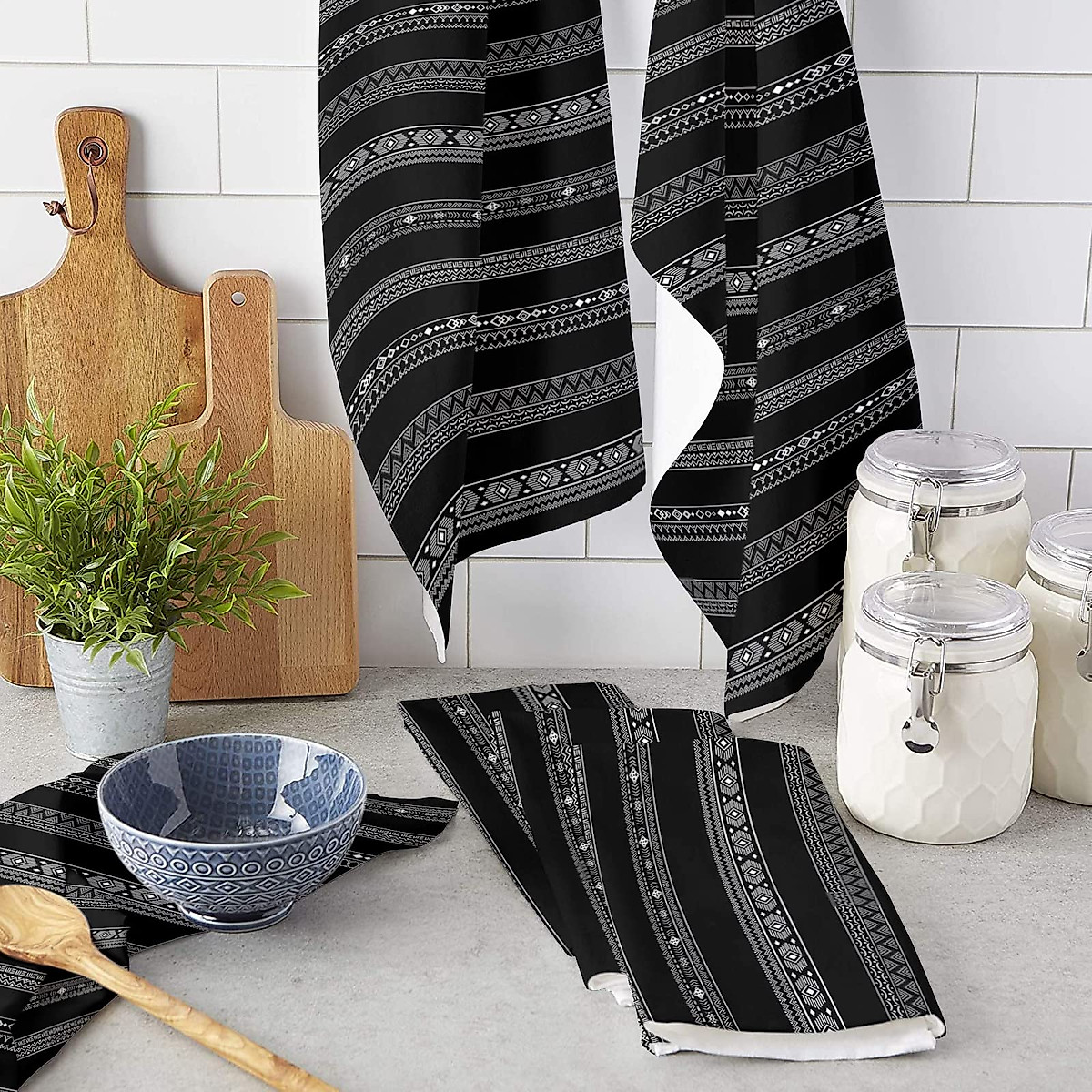 Edwiinsa Black Boho Kitchen Dish Towels and Dishcloths Sets, Native American Tribal Geometric Stripes 18 X 28 Inches Absorbent Hand Towels Dish Rags with Hanging Loop for Home Cleaning (4 Pack)