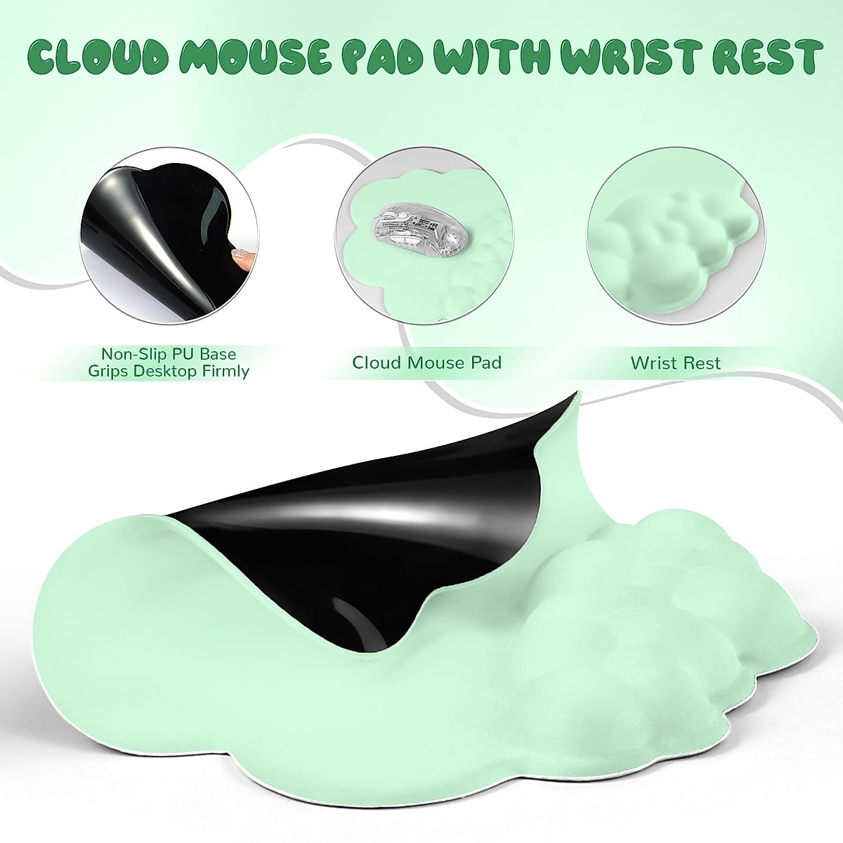Gaming Mouse Pad Wrist Rest,Ergonomic Cloud Wrist Rest Mousepad with Gel Memory Foam,Non-Slip Rubber Base,Comfortable Mouse Pad for Home Office,Laptop,Mac,Lightweight,Easy Pain Relief (Light Green)