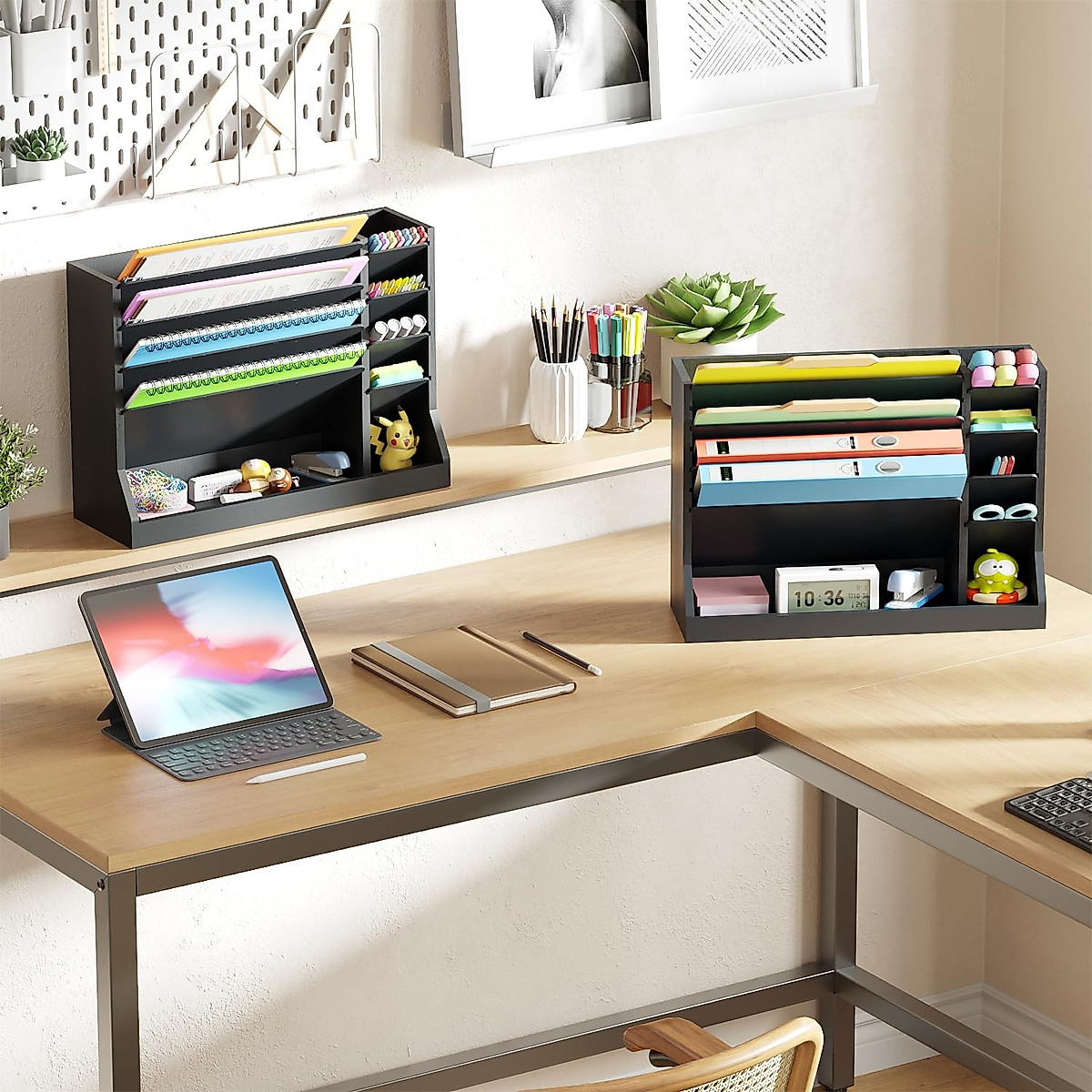 X-cosrack Wooden Wall Mounted File Holder 4-Tier Vertical Hanging /desktop Organizer with Pencil storage and Bottom Flat Tray for Office Home countertop Black