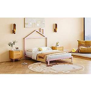 Bellemave Metal Full Bed for Kids, Girls Bed with House Shaped Headboard and Chiminey, Low Bed Frame with and Slats,Pink Bed Frame Full Size,No Box Spring Needed, Easy Assembly