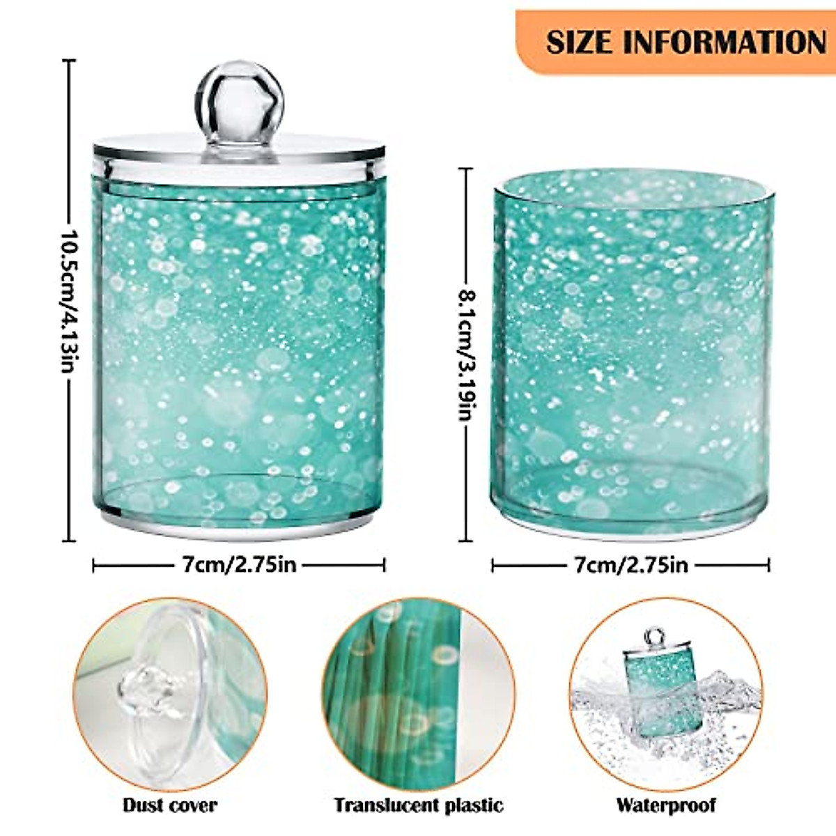 Turquoise Aqua Glitter Qtip Holder Dispenser Teal Cyan Water Bathroom Canister Storage Organization 4 Pack Clear Plastic Apothecary Jars with Lids Vanity Makeup Organizer For Cotton Ball Swab Floss