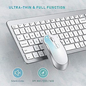 Rechargeable Wireless Keyboard Mouse Combo - Seenda Full Size Cordless Keyboard & Mouse Sets with Build-in Lithium Battery Ultra Thin Quiet Keyboard Mice - Silver and White