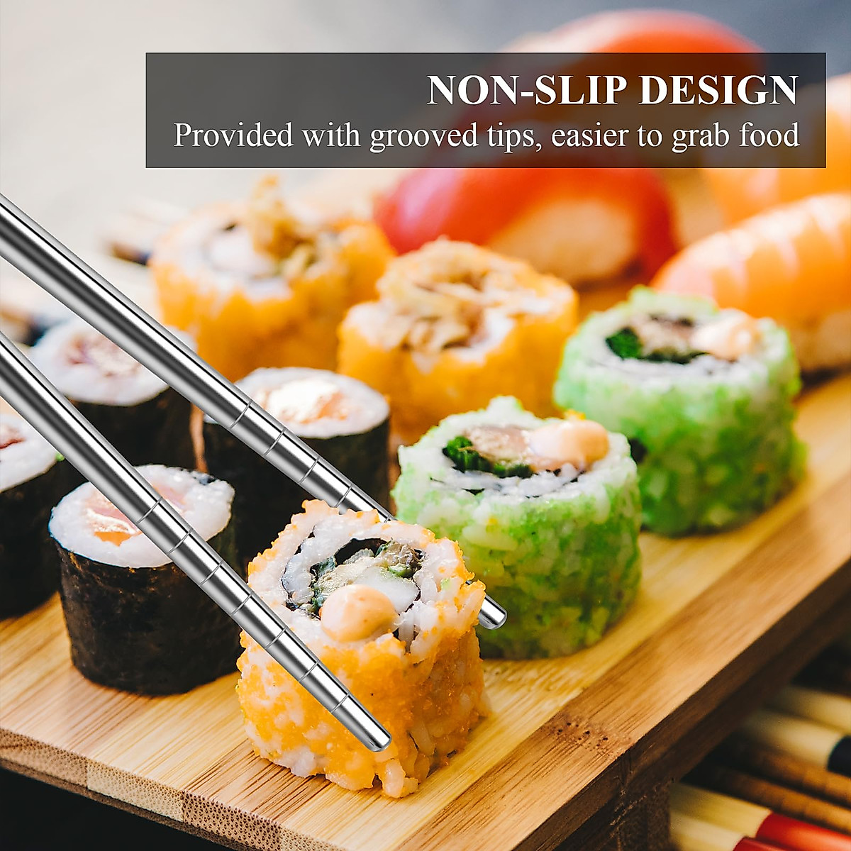 Tamodan 5 Pairs Stainless Steel Chopsticks, Reusable Metal Chopsticks ,chopsticks dishwasher safe, Anti -slip chopsticks can be used as gifts (Silver)