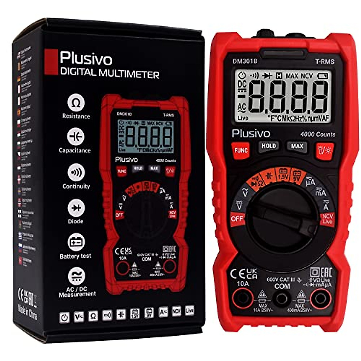Multimeter 4000 Counts Digital Multimeter TRMS Auto-Ranging AC DC Voltmeter Ohm Volt Amp Tester NCV Live Test; Measures Voltage, Current, Resistance, Continuity with Set of Test Probes, Wire Stripper