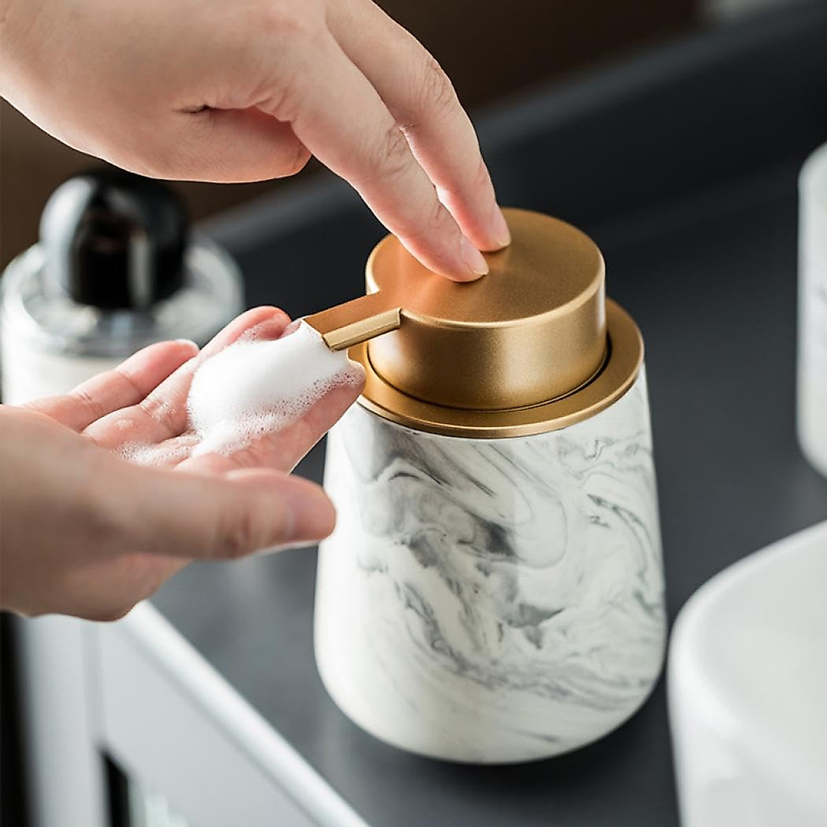 MEIGLQEA Foaming Soap Dispenser, 380ml Gray Pink Ceramic Bathroom Foam Hand Soap Dispenser, Refillable Foaming Pump Dispenser, Foaming Dish Soap Dispenser for Kitchen (Pink)