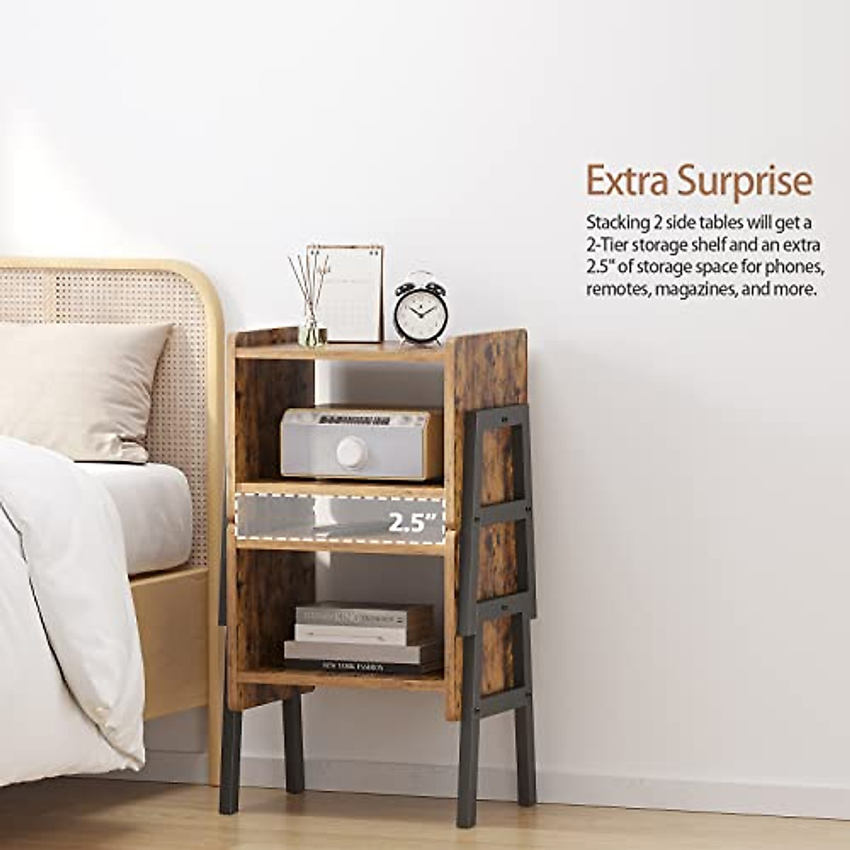 TUTOTAK Nightstnd, Set of 2, Stackable End Tables, Side Table, Bedside Tables with Open Storage Shelf, Bedroom, Living Room, Rustic Brown TB01BB039