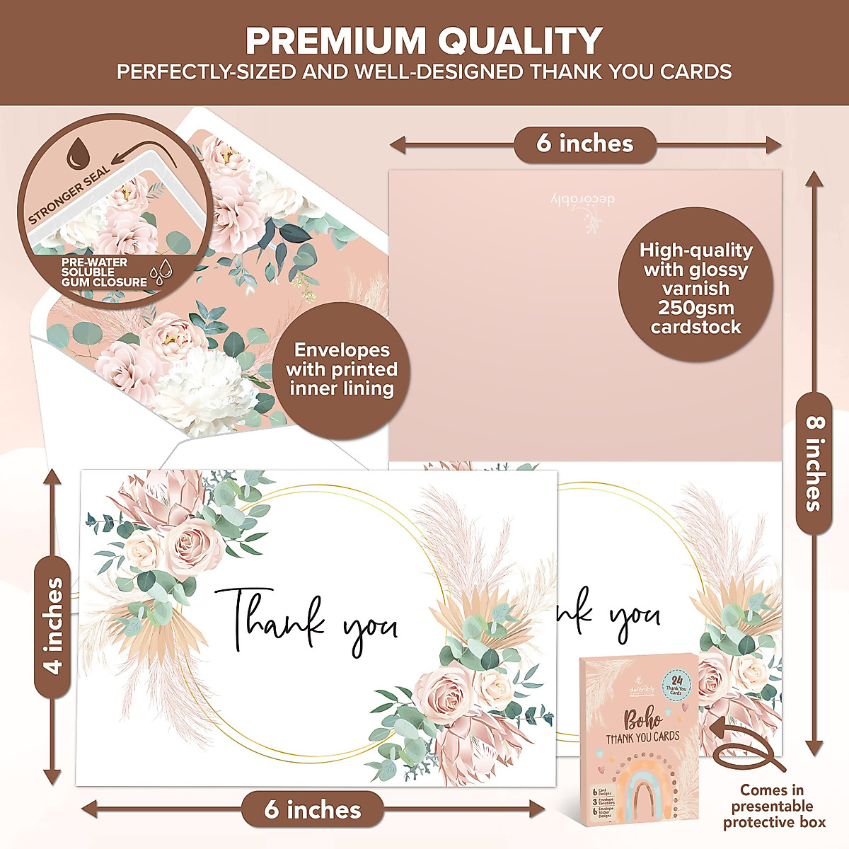 Decorably Thank You Cards with Envelopes & Stickers, Floral-Themed Cards - 24 Pack Boho Thank You Cards, Blank Inside Baby Shower Thank You Cards Girl, 6x4in Baby Girl Thank You Cards Baby Shower Girl