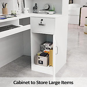 OmySalon Modern Reception Desk, L-Shaped Front Desk with Moveable Shelves and Lockable Drawers, Retail Checkout Counter Table, for Lobby Beauty Salon Office, White (55.9" W x 18.9" D x 48" H)