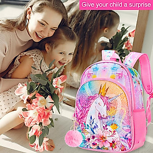 WZLVO 3PCS Unicorn Backpack for Girls, 16” Kids Sequin Bookbag, Elementary Preschool School Back Packs and Lunch Box