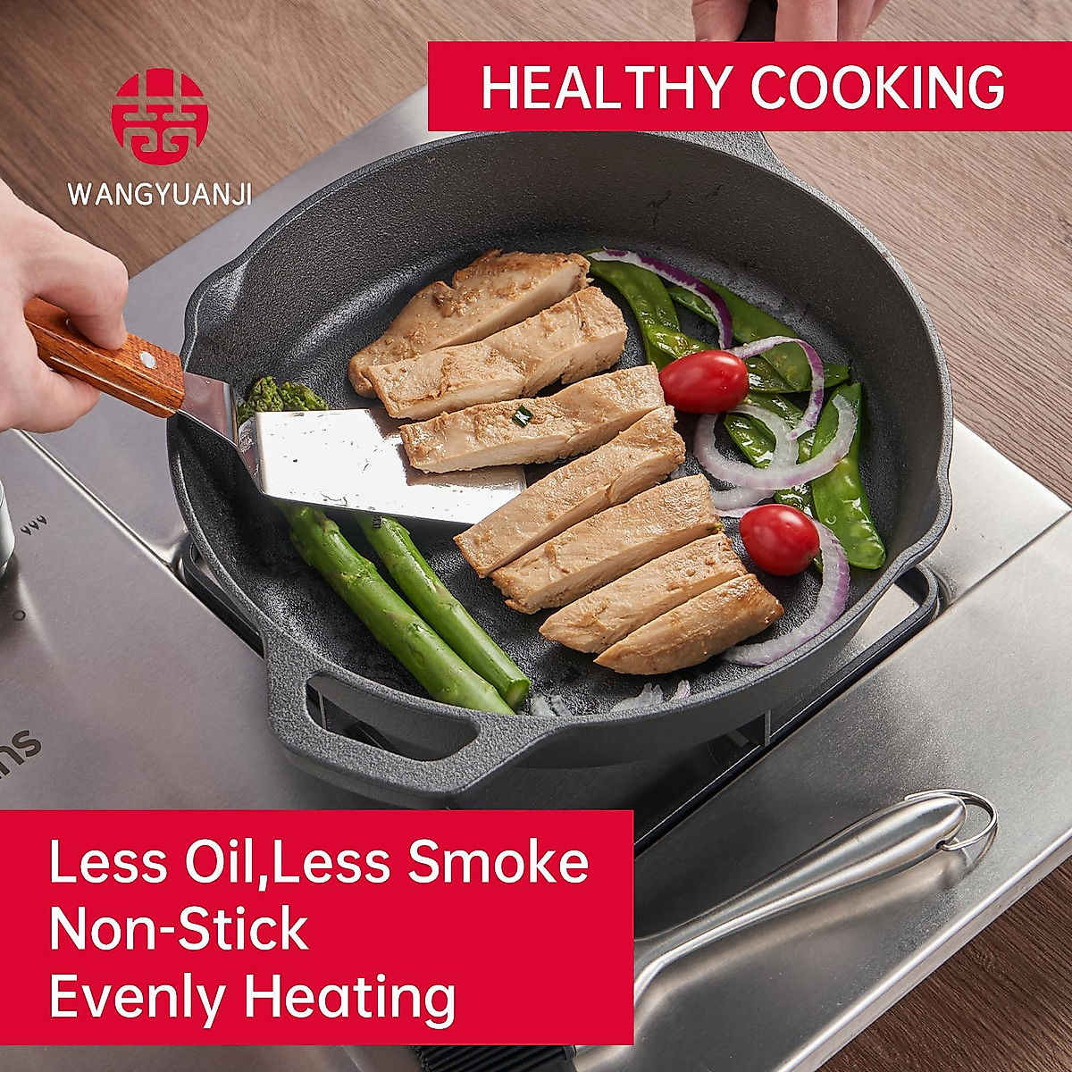 WANGYUANJI Cast Iron Grill Pan,10Inch Non-coating Frying Pan,Multi-Functional Pan for Bake,Fry,Stir-Fry,Sauté,Suitable for Outdoors with Oil Brush and Spatula