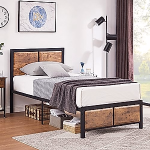 VECELO Twin Platform Bed Frame with Rustic Vintage Wood Headboard, Mattress Foundation, Strong Metal Slats Support, No Box Spring Needed