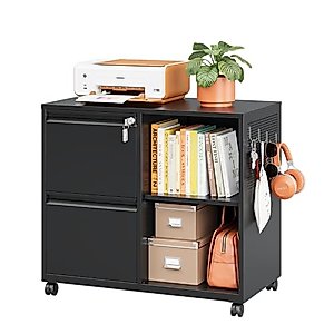LISSIMO Lateral File Cabinet,2 Drawer Mobile Storage Cabinet with Lock fits A4 or Letter Size for Home Office,Rolling Printer Stand with Open Storage Adjustabl Shelves(Black)