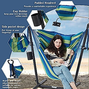 Hammock Chair with Stand Adjustable Swing Chair with Phone Stand Cup Holder Includes Double Hanging Chair Flow Bohemian Hand Indoor Outdoor Patio Garden Yard 420 lb Capacity (Blue-Green)