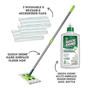 Quick Shine Sustainable Hard Surface Floor Mop Kit with 3 Reusable Pads & 1 Safer Choice Floor Finish Cleaner 16oz | Use Wet + Dry | Squirt, Spread, Done | Hardwood, Luxury Vinyl Plank, Laminate