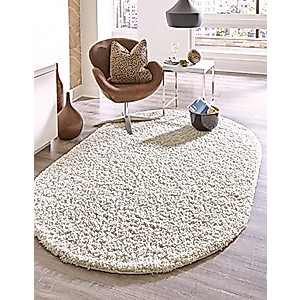Rugs.com - Über Cozy Solid Shag Collection Rug – 5' x 8' Oval Pure Ivory Shag Rug Perfect for Living Rooms, Large Dining Rooms, Open Floorplans