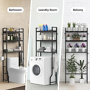 NOVIMANGO Over The Toilet Storage 3 Tier Over Toilet Bathroom Organizer Wooden Bathroom Space Saver Freestanding Above Toilet Stand with 4 Hooks Black Over The Toilet Rack for Restroom, Laundry