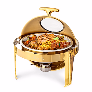 ROVSUN 6 QT Round Chafing Dish Buffet Set, Roll Top NSF Stainless Steel Buffet Warmer Chafers and Buffet Warmers Sets with Thick Frame for Catering Events Parties Weddings Dinners,Gold