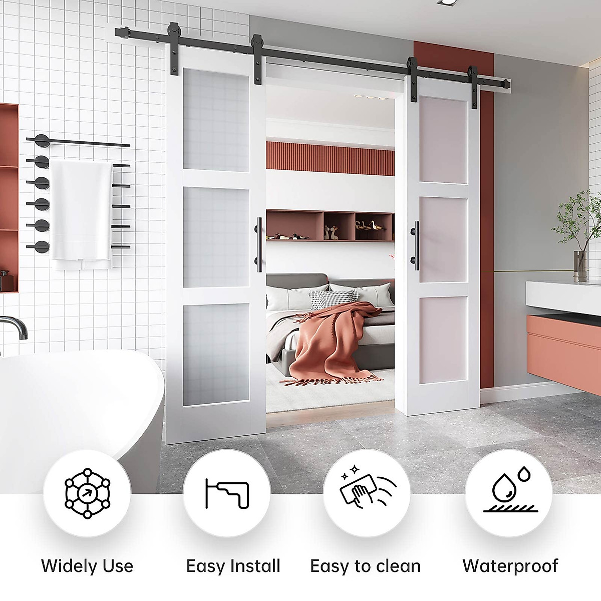 EaseLife 42in x 84in (Double 21in×84in Door) Glass Barn Door with 7FT Sliding Double Door Hardware Kit Included & Handle,Solid MDF Inside Covered with Water-Proof PVC Surface,3-Panel Glass,White