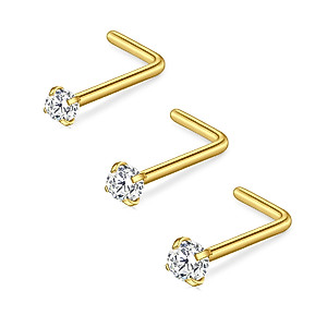 D.Bella 18G L Shaped Nose Studs Surgical Stainless Steel 1.5mm 2mm 2.5mm CZ Nose Rings Studs Gold Nose Rings for Women Nose Nostril Piercing Jewerly