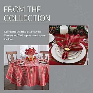Elrene Home Fashions Shimmering Plaid Holiday Fabric Tablecloth, 60" x 84" Oval, Red