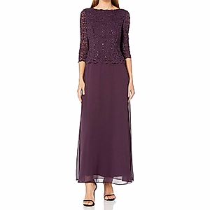 Alex Evenings Women's 3/4 Sleeve Stretch Lace Bodice One Piece Mother of The Bride Dress (Petite and Regular Sizes), Deep Plum, 8