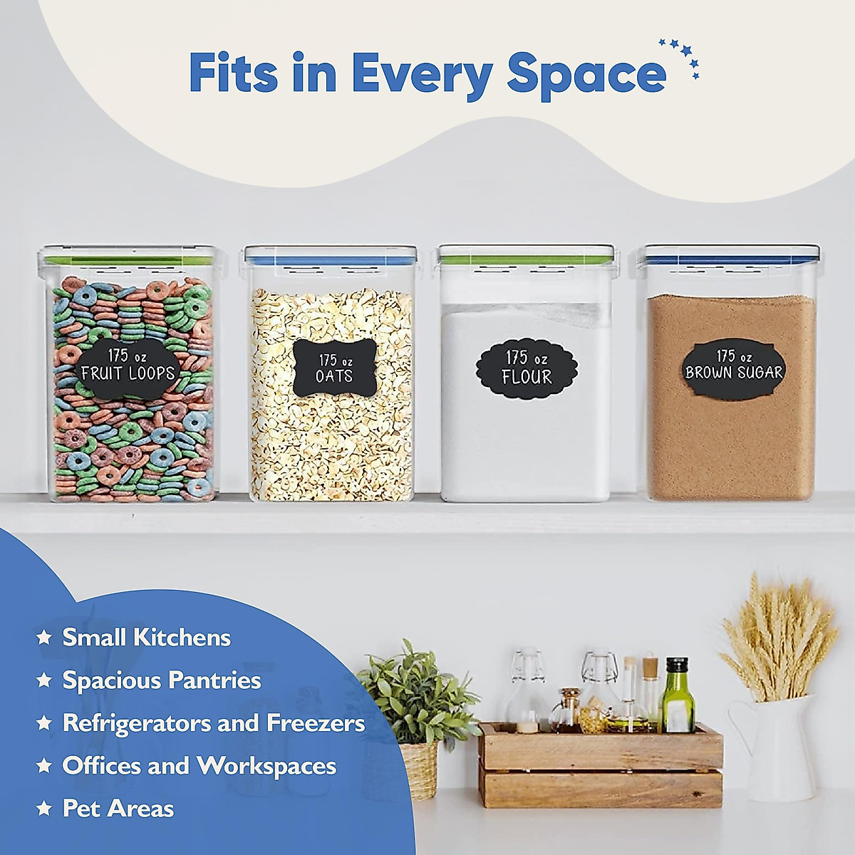Chef's Path Food Storage Containers - Pantry Organization and Storage - Great for Flour, Sugar, Baking Supplies - Airtight Kitchen Bulk Food Canisters - BPA-Free - 6 PC Set - Spoons, 8 Labels & Pen
