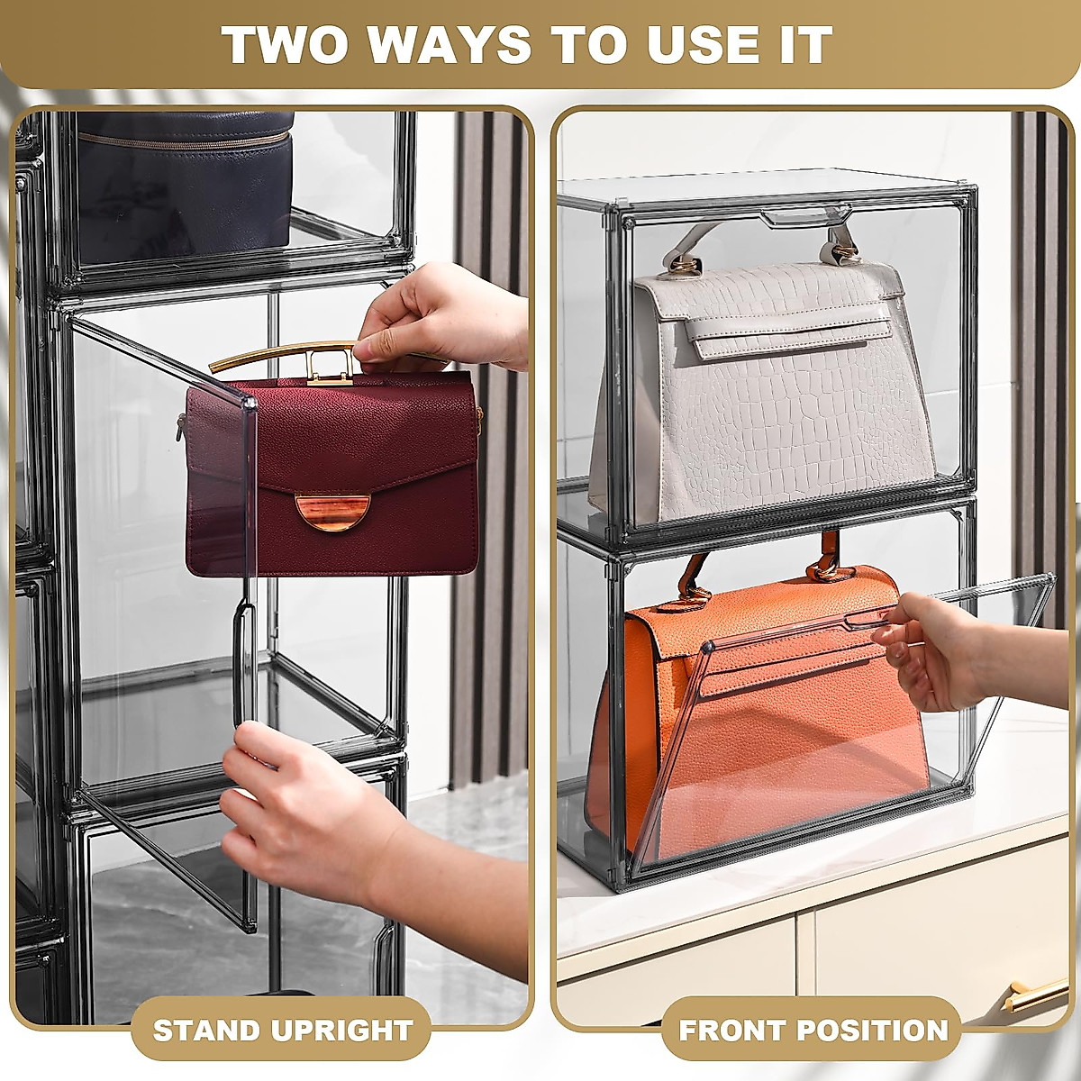 ULENDIS 4 Pack Handbag Storage Organizer for Closet, Transparent Gray Acrylic Display Case for Handbag Purse, Stackable Storage Organizer with Magnetic Door for Wallet Book Cosmetic Toys Display