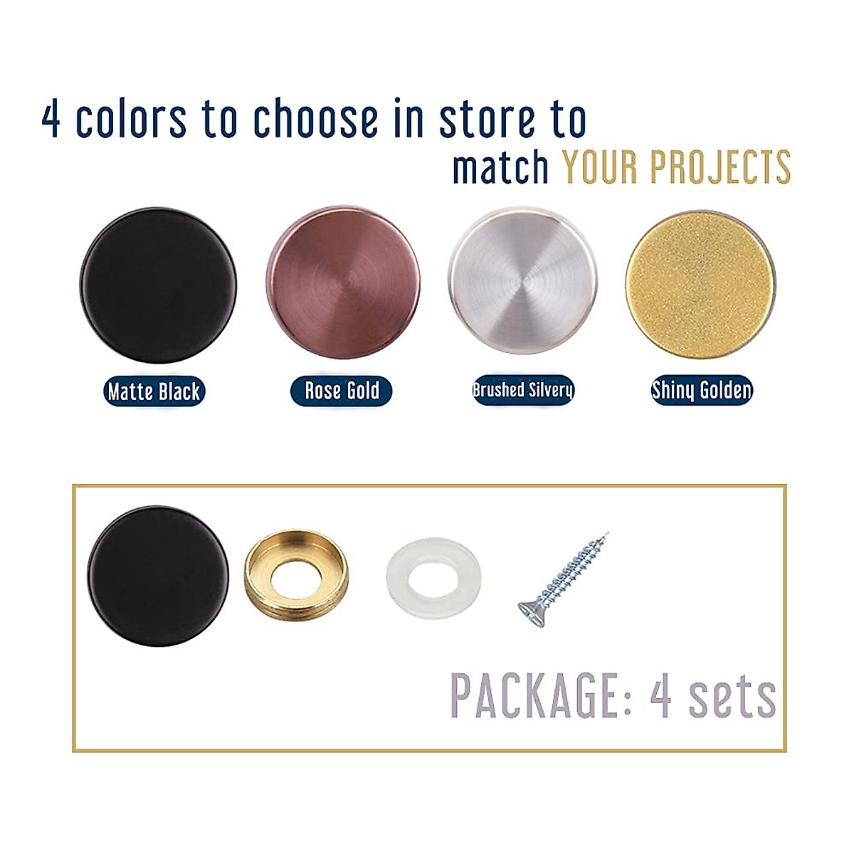 GIFTED LUGAR 4 PC 35 Dia Polished Decorative Screw CoversCaps,Stainless Steel Exposed Screw Head Covers wWashers for Furniture Indoor Outdoor Use, Round Shape (Matte Black)