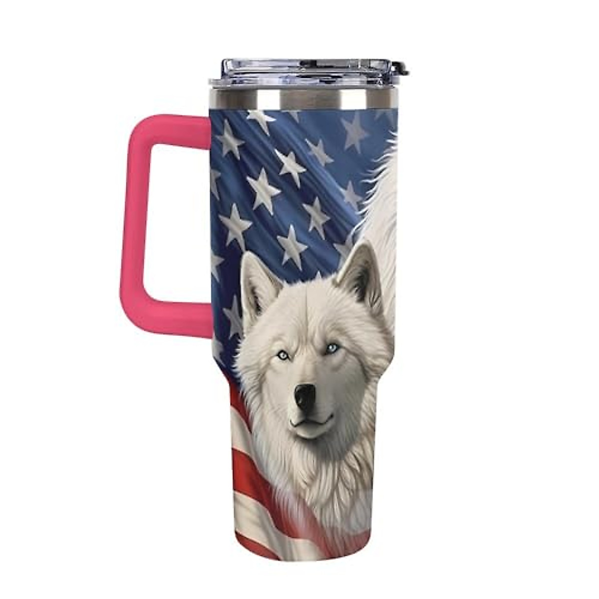 Patriotic Wolves 40 Oz Stainless Steel Cup Travel Tumbler with Handle and Straw Lightweight Coffee Mug for Home Office