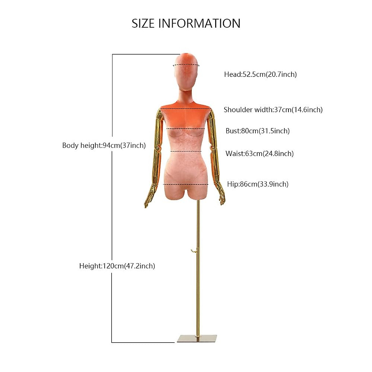 JELIMATE Female Mannequin Torso with Stand Velvet Fabric Display Retail Mannequins Dress Form Model for Boutique Display Manikin with Golden Arms