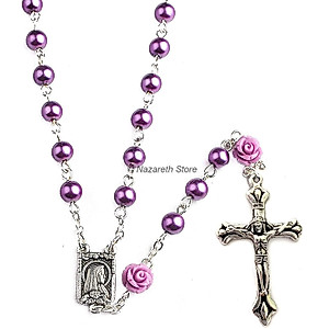 Nazareth Store Catholic Purple Pearl Beads Rosary Necklace Our Rose Lourdes Medal & Cross NS