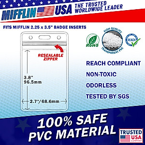 Mifflin-USA Plastic Waterproof ID Badge Holders (Clear, 2.25x3.5 Inch, 100 Pack), Vertical Hanging Name Card Holder with Zipper, Resealable Bulk Nametag Holders
