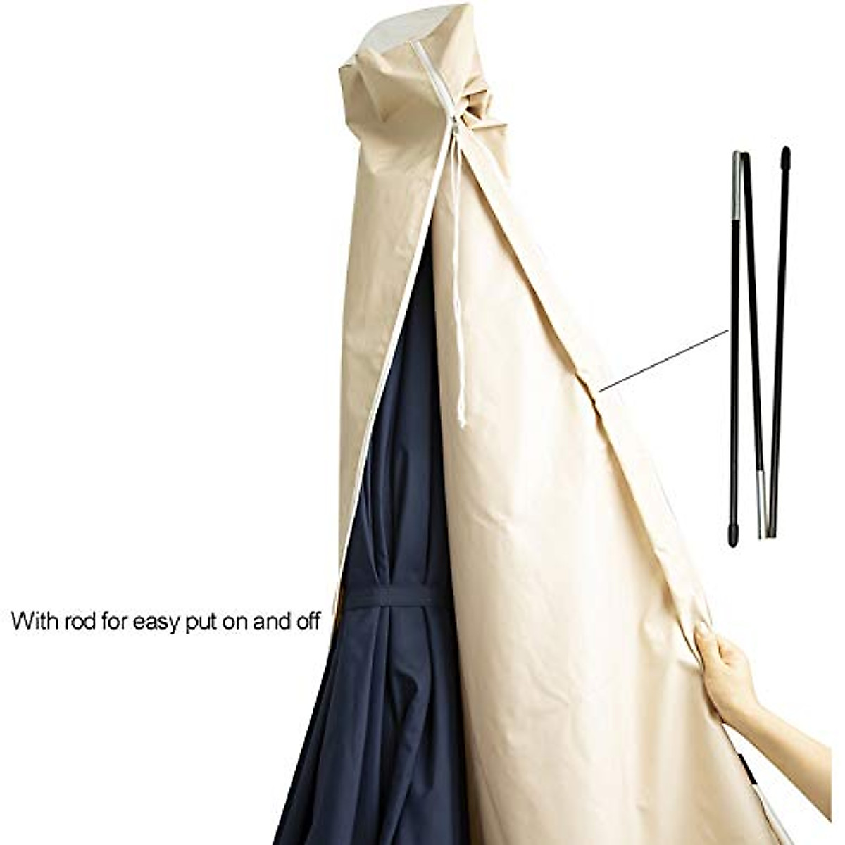 C-Hopetree Patio Umbrella Cover for 7ft to 11ft Solar LED Outdoor Market Umbrellas, Waterproof, with Zipper and Rod, Beige