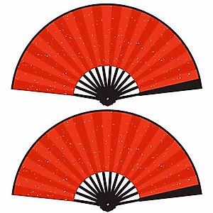 Large Red Fan Chinese Silk Folding Hand Fan Dance Costume Home Party Wedding Decoration Fan Men Women Hand Held Fan (10.6 inches, Red with Gold (Black Bamboo Bone))